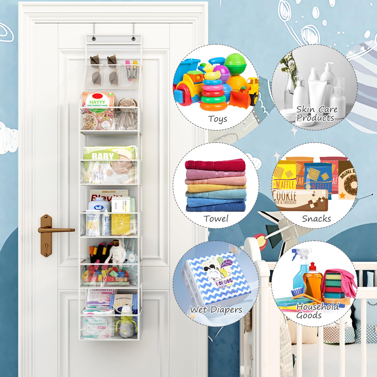 Fixwal 2 Pack 6-Shelf Over Door Hanging Pantry Organizer Hanging Storage with 3 Clear Plastic Pockets Behind The Door Storage Organizer for Closet Bedroom Bathroom (White)