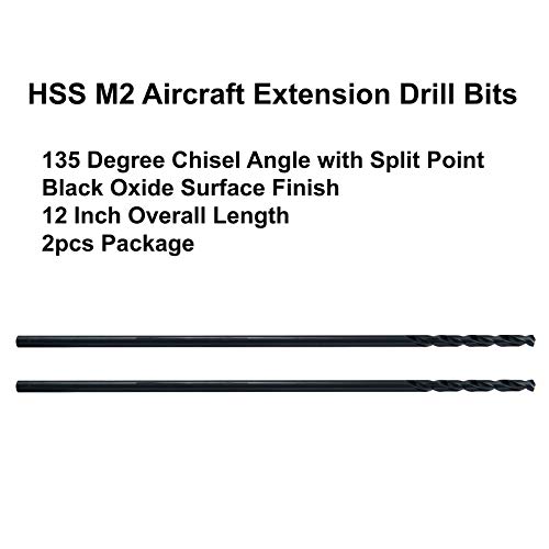 MAXTOOL 3/32"x12" 2pcs Identical Aircraft Extension Drills HSS M2 Extra Long Deep Twist Drill Bits Straight Shank Fully Ground Black; ACF02B12R06P2