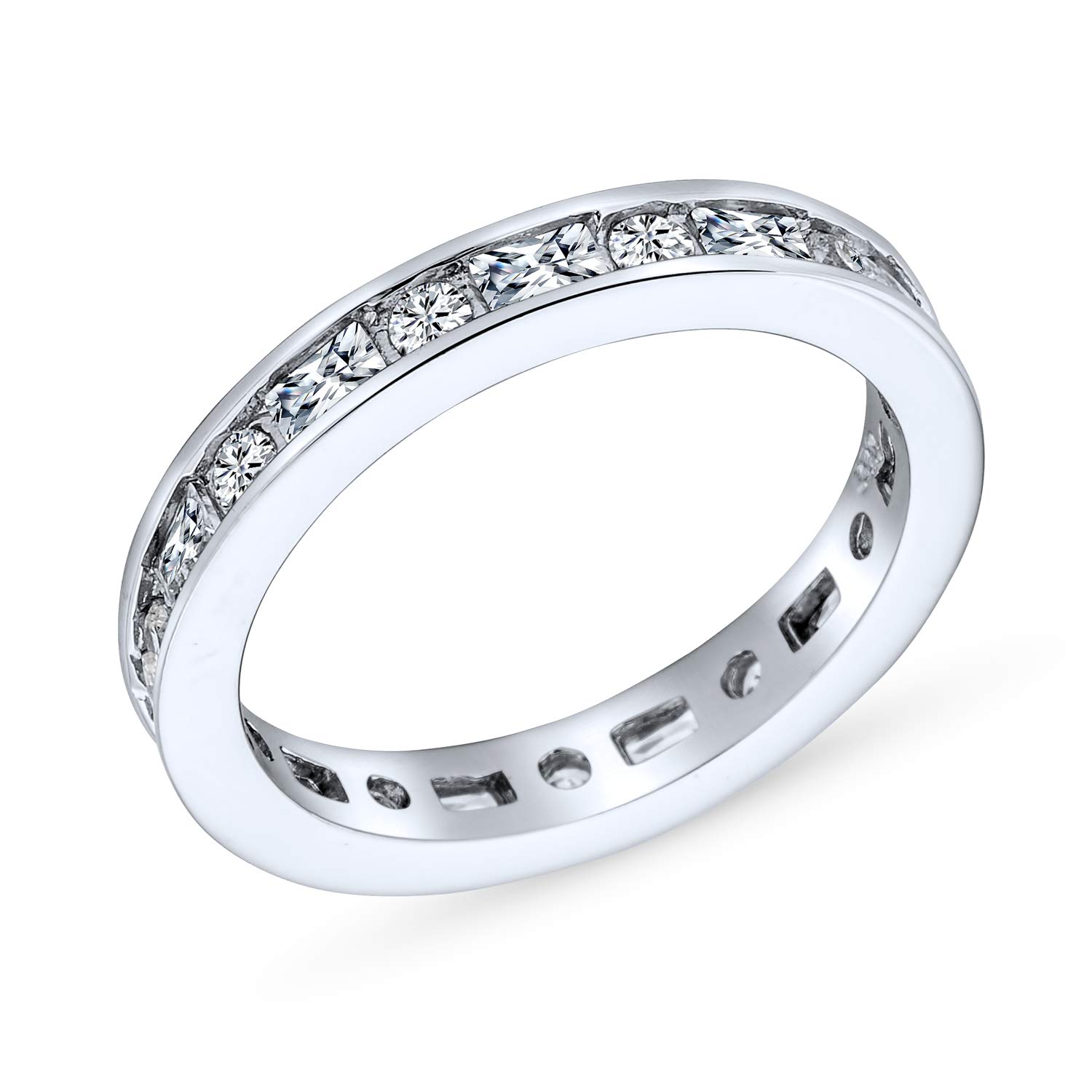 Bling Jewelry Minimalist Thin Pave Round Baguette Stackable Eternity Anniversary Wedding Band Ring For Women .925 Sterling Silver 2MM