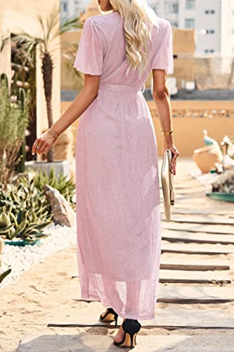 PRETTYGARDEN Women's Summer Maxi Glitter Dress Wrap V Neck Ruffle Sleeve Cocktail Party Long Dresses with Slit (Pink,X-Large)