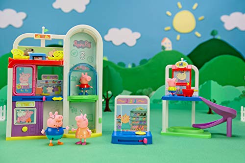 Peppa Pig Shopping Mall with Family, Includes 1 Connectable Mall Playset, 4 Character Toy Figures, 2 Chairs, 1 Pizza Table, 1 Toy Boat – for Kids - AMAZON EXCLUSIVE
