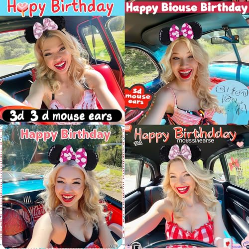 CENTSTAR Mouse Ear Headband, 2 Pcs Shiny Bows Hairband for Birthday Parties, Mouse Themed Events