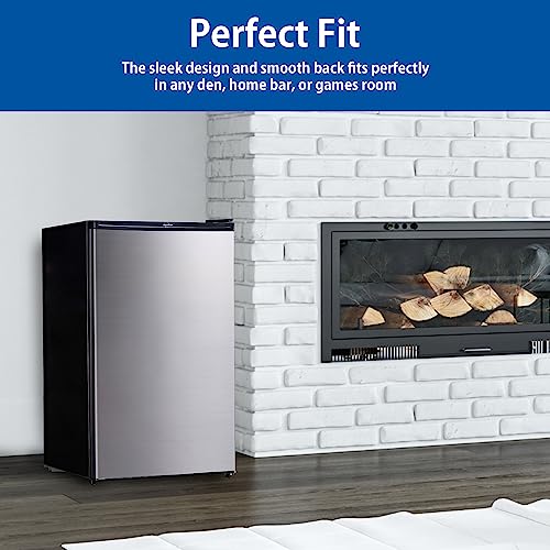 Koolatron Stainless Steel Compact Fridge with Freezer, 4.4 cu ft (124L), Silver and Black, Flat Back, Reversible Door, for Snacks, Frozen Meals, Beverages, Beer, Den, Dorm, Office, Rec Room, Home Bar
