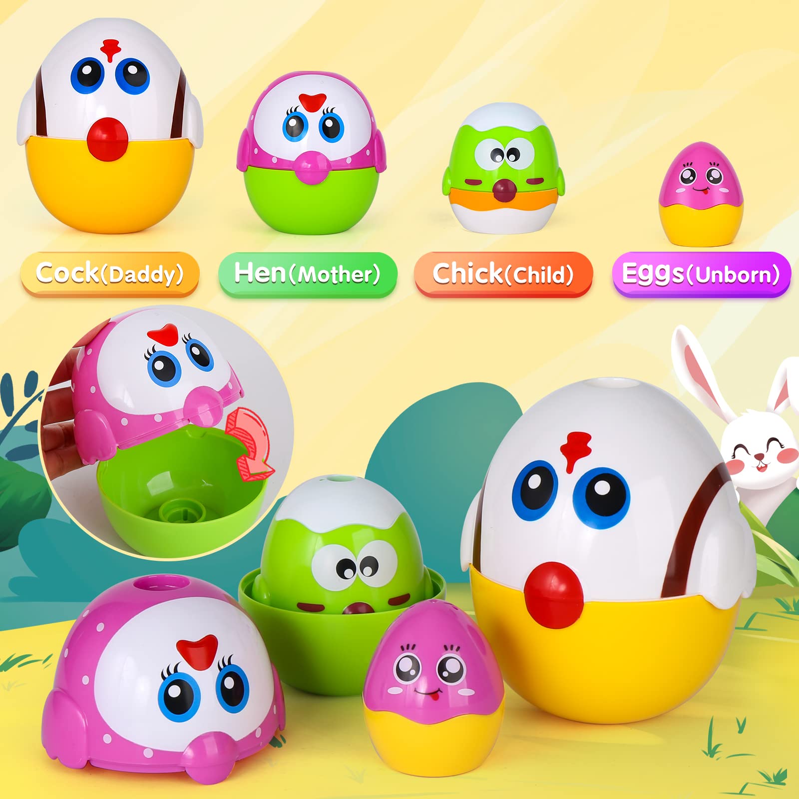 CAPTAIN CHAOWING Easter Egg Toys for Toddlers,Easter Nesting & Stacking Eggs,Easter Basket Stuffers for Baby 18 Months+, Easter Chicken Matching Toys,Easter Gift for Kids 1 2 3 Years Old