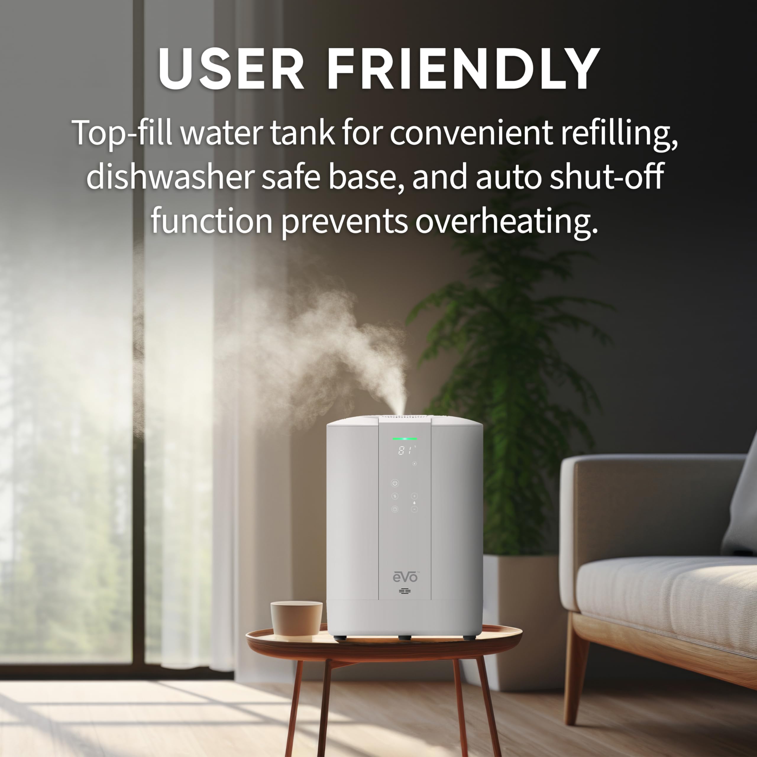EVO WMH440 Self Sanitizing Pure Mist Humidifier (6L Capacity) β 28 Hour Continuous Run Time, Dishwasher Safe Base, Empty Tank Auto Shut-Off