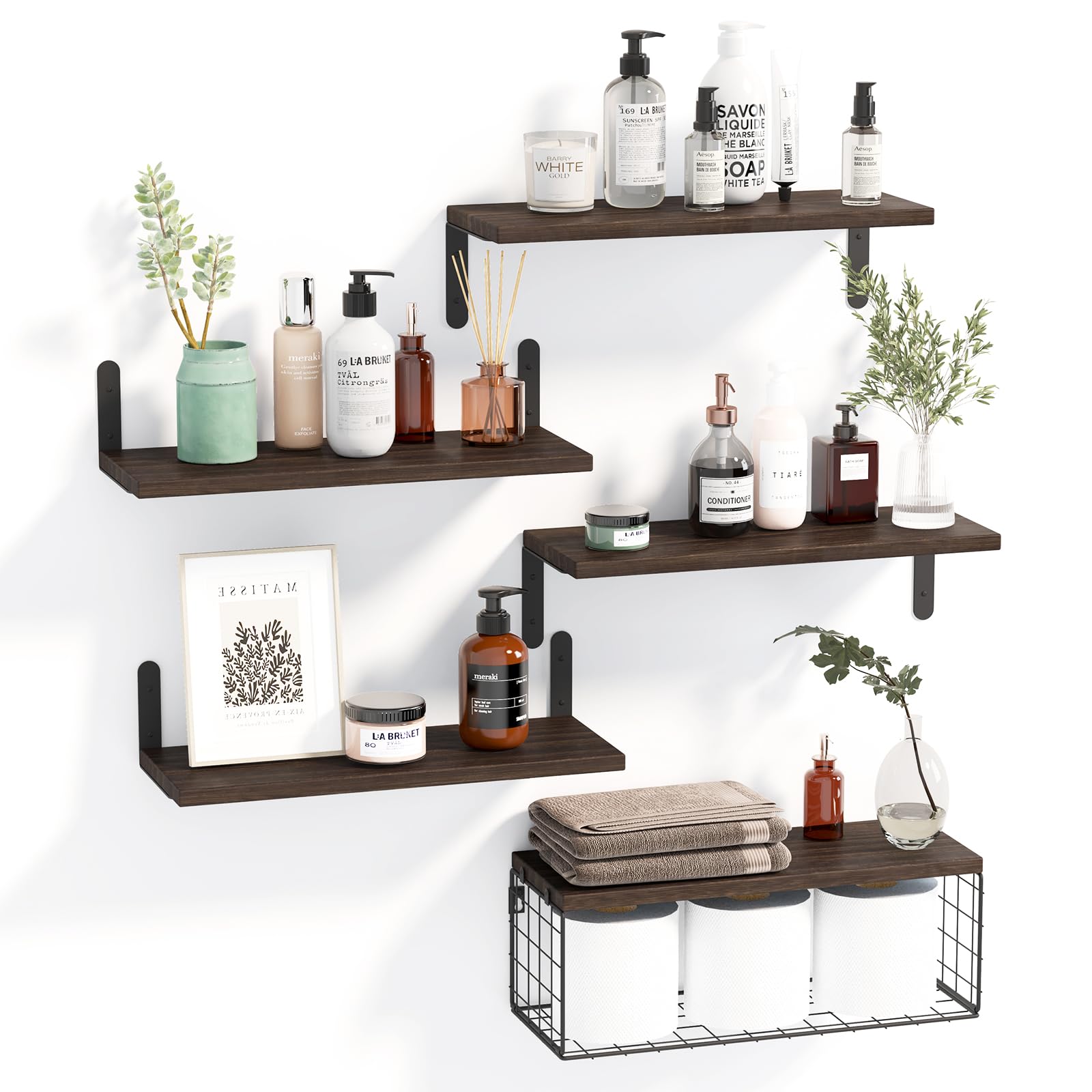 Fixwal 5+1 Tier Bathroom Floating Shelves, Wall Mounted Wood Shelves Over Toilet with Wire Storage Basket, Rustic Wall Decor for Bedroom, Kitchen, Living Room (Dark Brown)