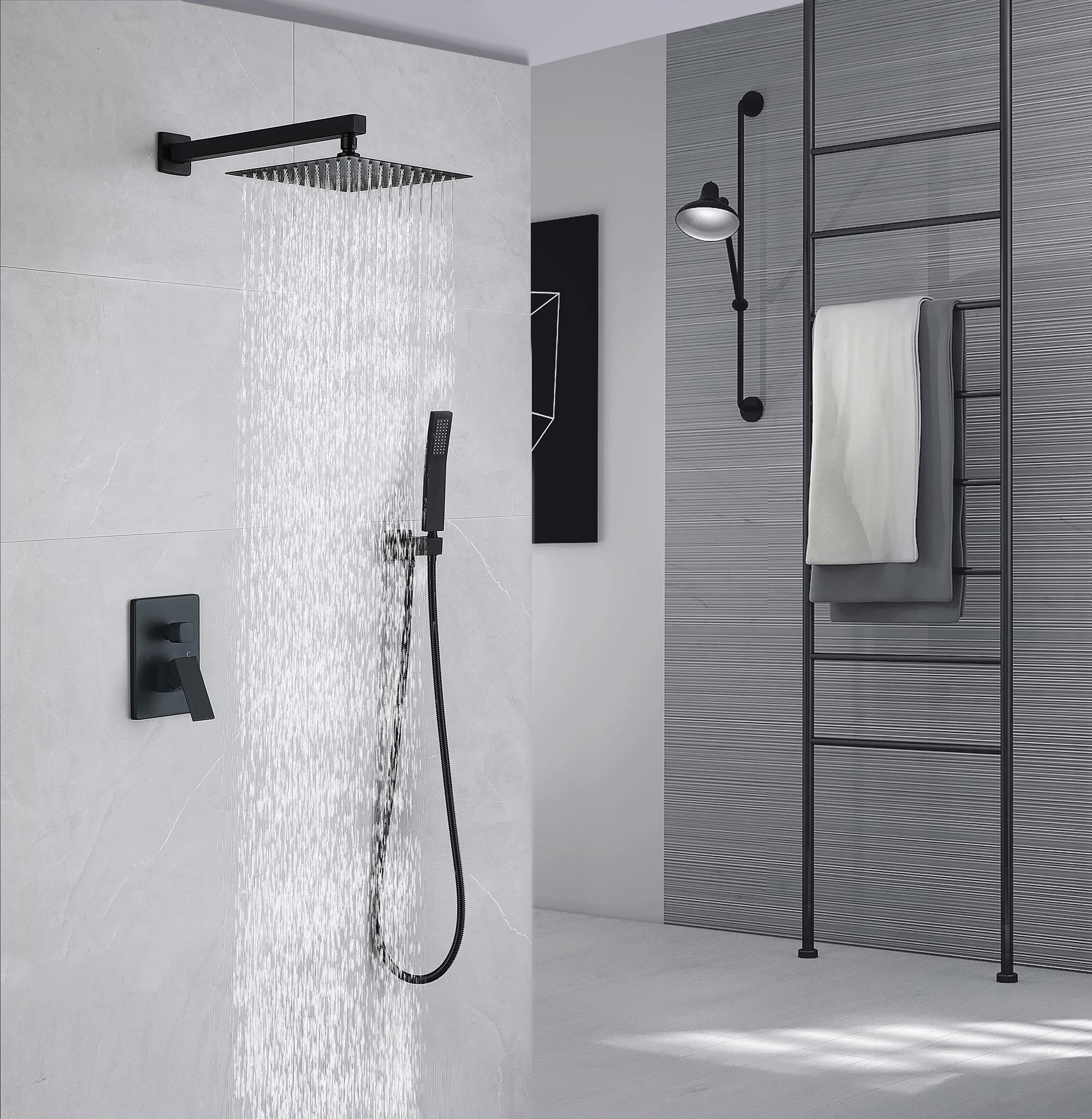 DMDMBATH Shower System Matte Black with 10 inch Rain Shower Head High Pressure Shower Faucet Set Shower Fixture Complete Combo Set Bathroom Bathtub Shower Trim Systems (Matte Black)