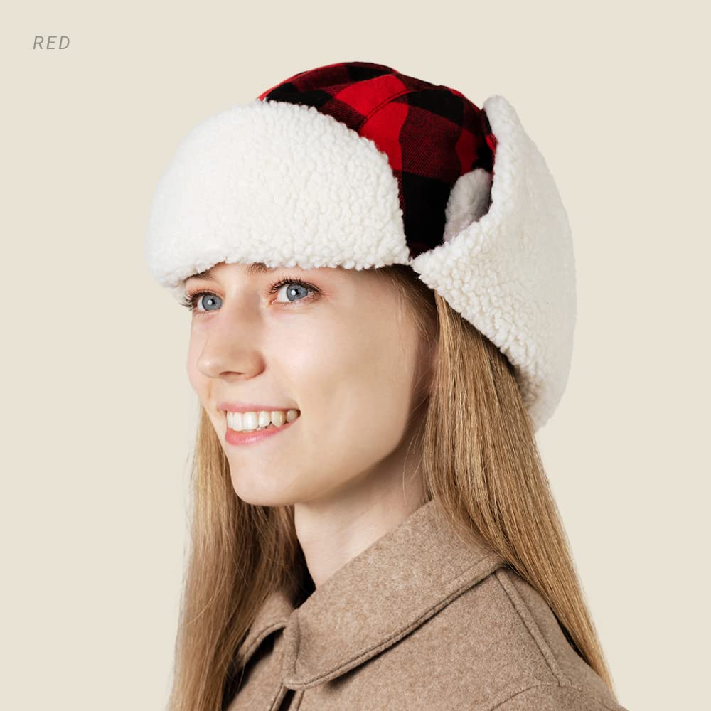 CHOK.LIDS Lumberjack Plaid Winter Trapper Unisex Premium Extra Strength Sherpa Ear Flap Chin Strap Cold Weather Outdoor Hat (Red)