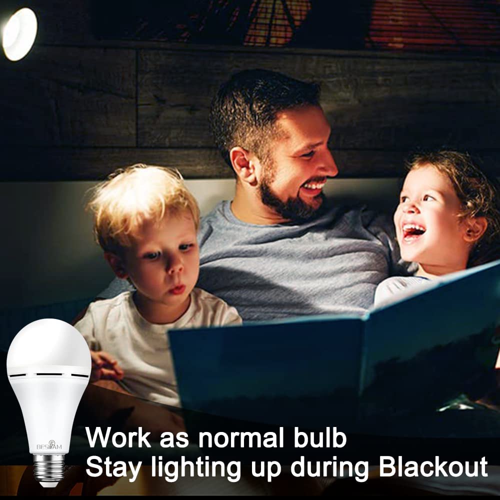 BESLAM Rechargeable Emergency LED Bulb with Battery Backup, Self-Charging Camping Light Bulbs for Power Outage Hurricane 60W Equivalent(8W), Daylight 5000K, 850 Lumens, E26, 2 Pack with Hook