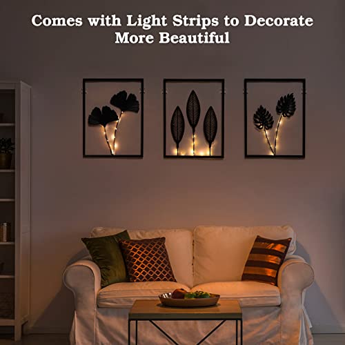 Phirown 3 Piece Metal Wall Decor, Black Wall Decor with Light Strips, Modern Wall Art with 6 Adhesive Hooks & Spirit Level, Rustic Farmhouse Wall Decor, Home Wall Decor for Living, Bedroom (Vertical)