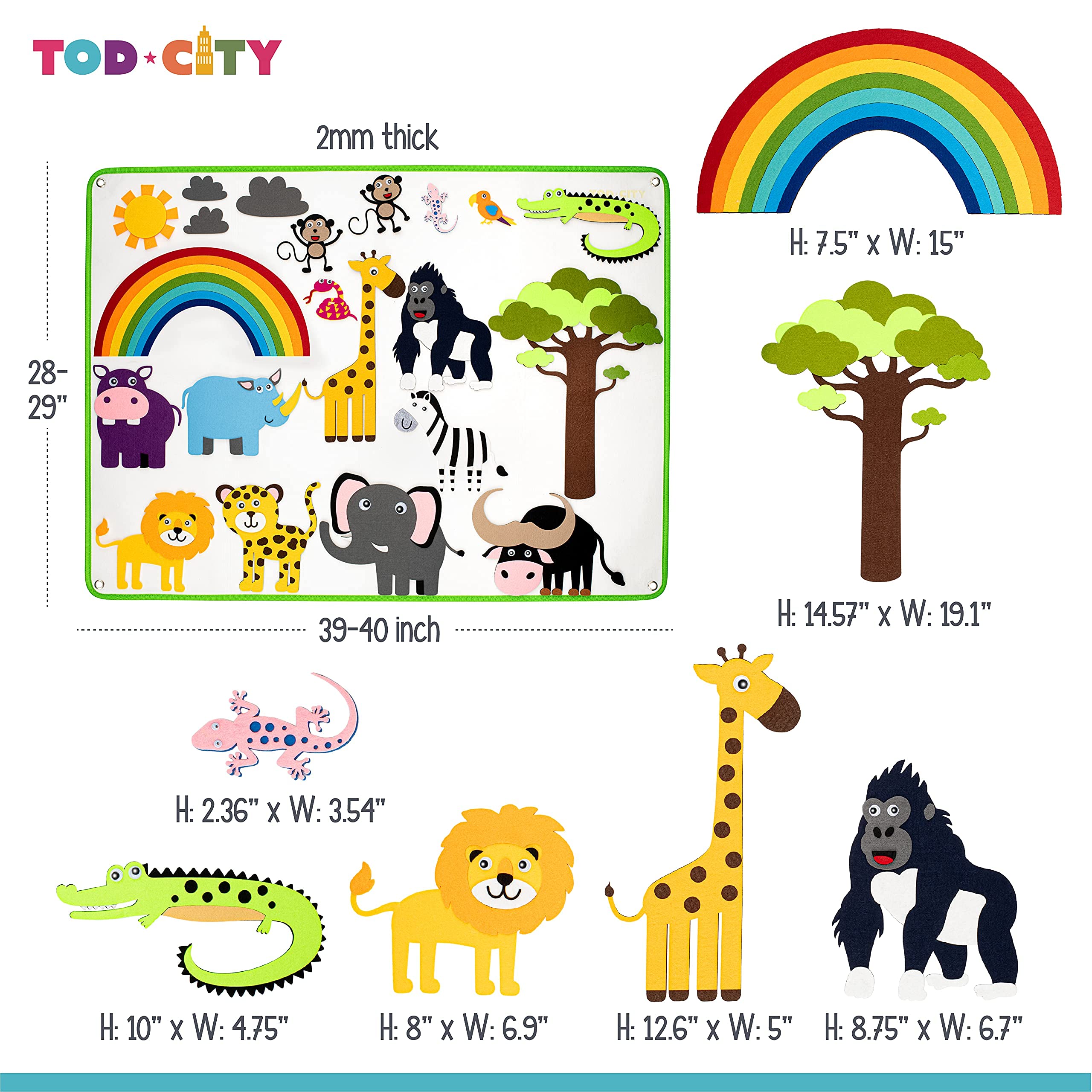 Tod City Flannel Felt Story Board Set: in The Jungle - Large Wall Hang 25 Pre-Cut Piece Interactive Learning Toy for Preschool, Kindergarten, 3+ Year Old Children