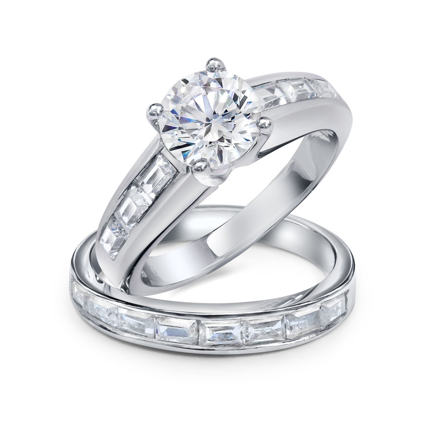 Bling Jewelry Sterling Silver 1.5-ct CZ Baguette Channel Set Engagement Wedding Ring Set - Size 8