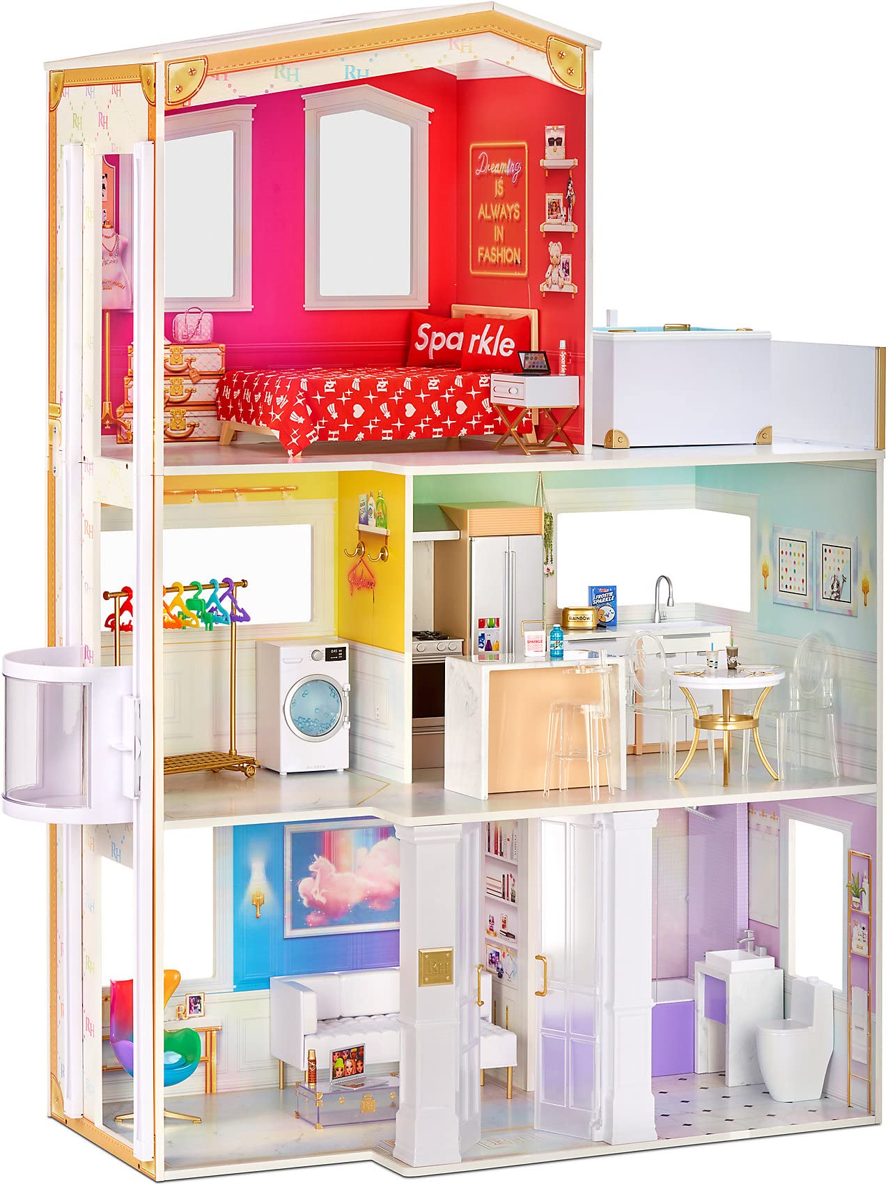 Rainbow High House – 3-Story Wood Doll House (4-Ft Tall & 3-Ft Wide), Fully Furnished Fashion Dollhouse, Working Hot Tub, Shower, Elevator, 50+ Accessories, Gift Toy for Kids Ages 6 7 8+ to 12 Years