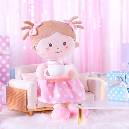 Onetoo Plush Rag Doll Sleeping Cuddle Buddy Doll Soft Baby Doll for Girls First Baby Doll Wear Pink Skirt Dress 14"(Milly Series)