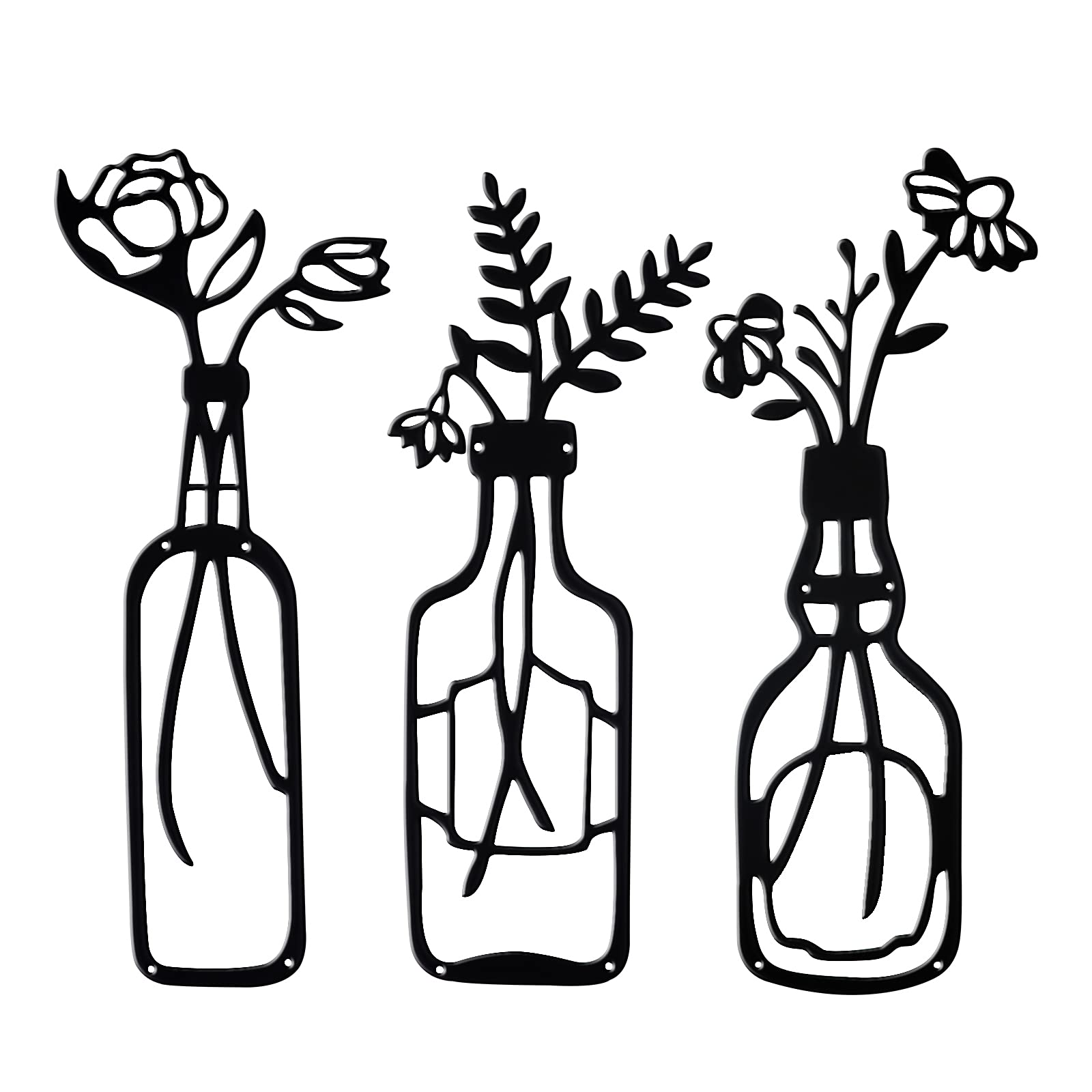 TENGZHEN Set of 3 Metal Vase Flowers Wall Art Metal Flower Wall Art Wall Decor Hanging Iron Wall Sculptures Hanging for Home Bedroom Bathroom Kitchen Garden Outdoor and Indoor Housewarming Gift(Black)