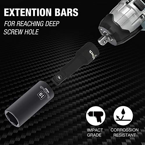 DURATECH 24-Piece Impact Socket Set, 1/2" Drive Deep Impact Socket Set with 2pcs 1/2-Inch Hexagon Extension Bars, Metric & SAE, Hard Case Included