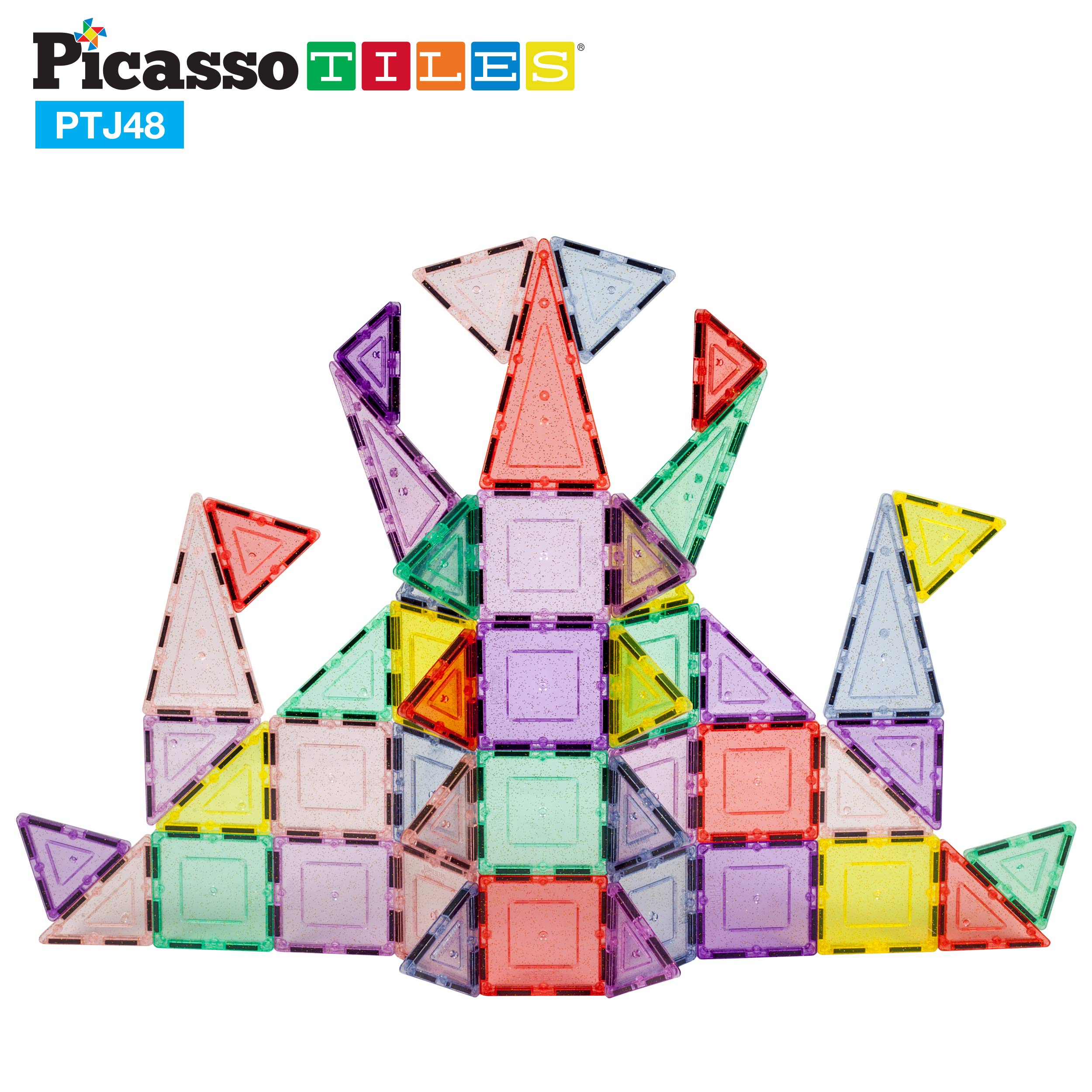 PicassoTiles Magnetic Tiles Blocks Magnet Tile Magnets Building Blocks Construction Toy Set with Reflective Leaf Flakes Magnetic Building Tiles Toys STEM Learning Kit Stacking Block Playset PTJ48