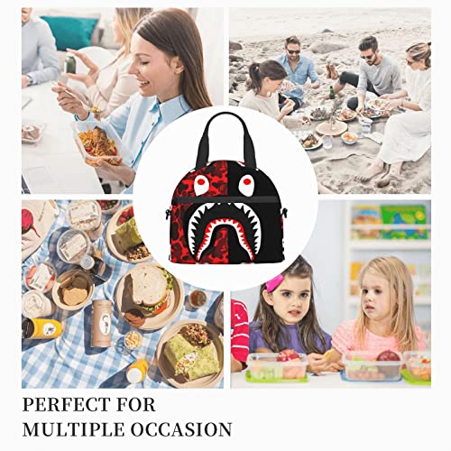 Lunch Bag For Women/Men Cooler Tote Bag Freezable Red-Black Shark Lunch Box With Adjustable Shoulder Strap One Size