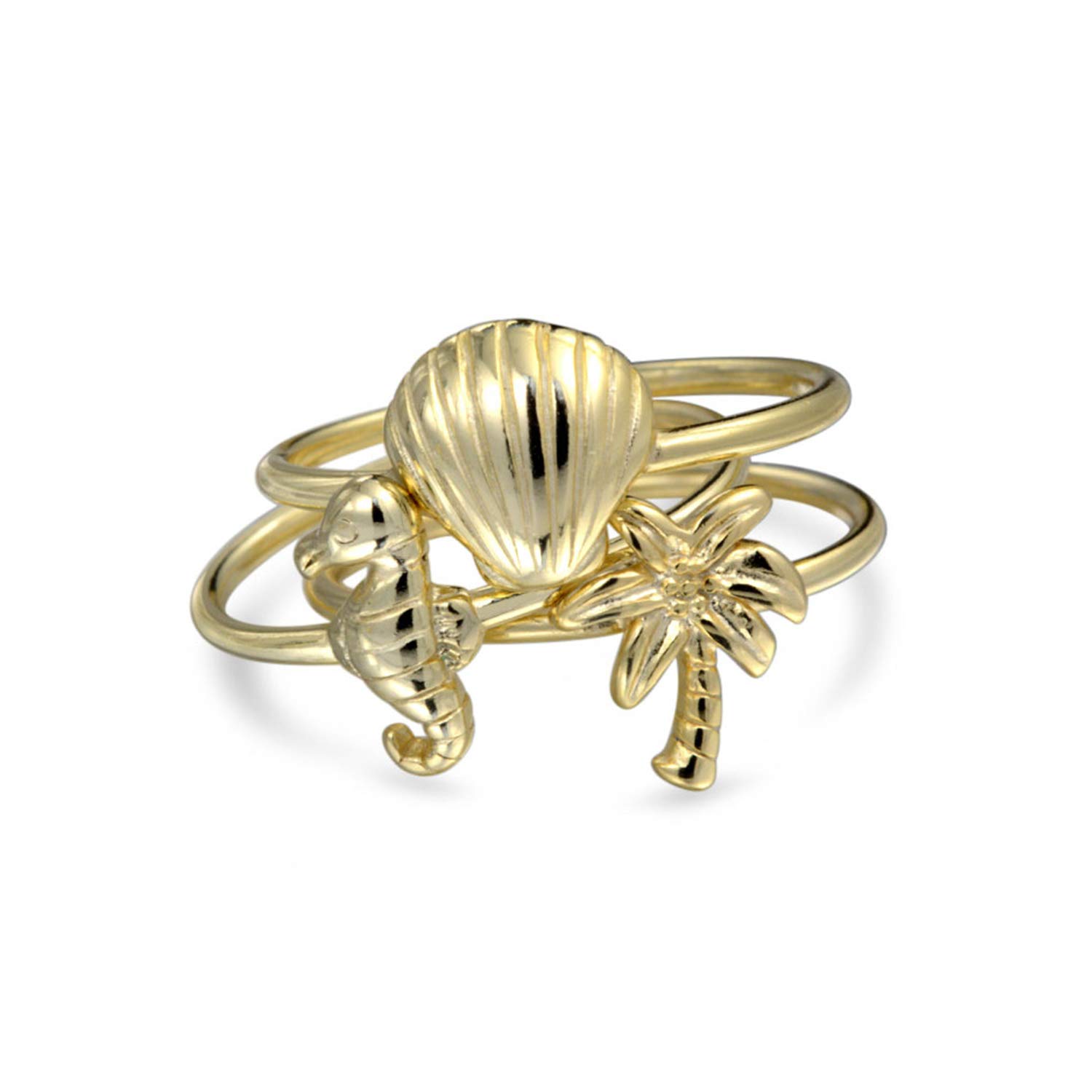 Bling Jewelry Tiny Nautical Shell Seahorse Palm Tree 14K Gold Plated Sterling Silver Midi Knuckle Stackable Ring Set For Women 1MM Band