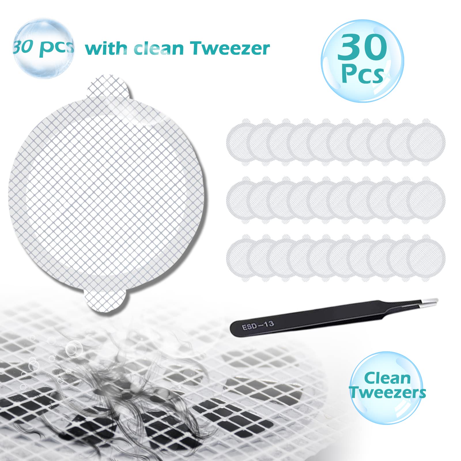 Disposable Shower Drain Hair Catcher Stickers, 30 PCS Mesh Stickers 4.3'' with Clean Tweezers, Shower Drain Stickers Not Rot Anti-Blockage