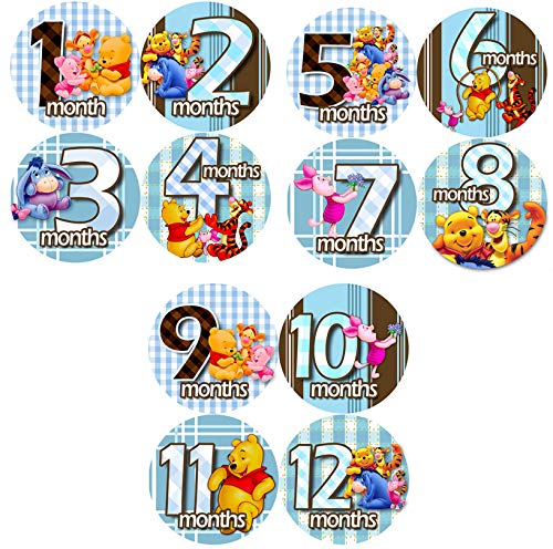 onthly Stickers | Blue Winnie Pooh Baby Milestone Sticker | Infant Newborn Boy Photo Prop | Month Bodysuit Stickers for Babies | Cute Winnie Pooh Friends Newborn Monthly Milestones (Set of 12)