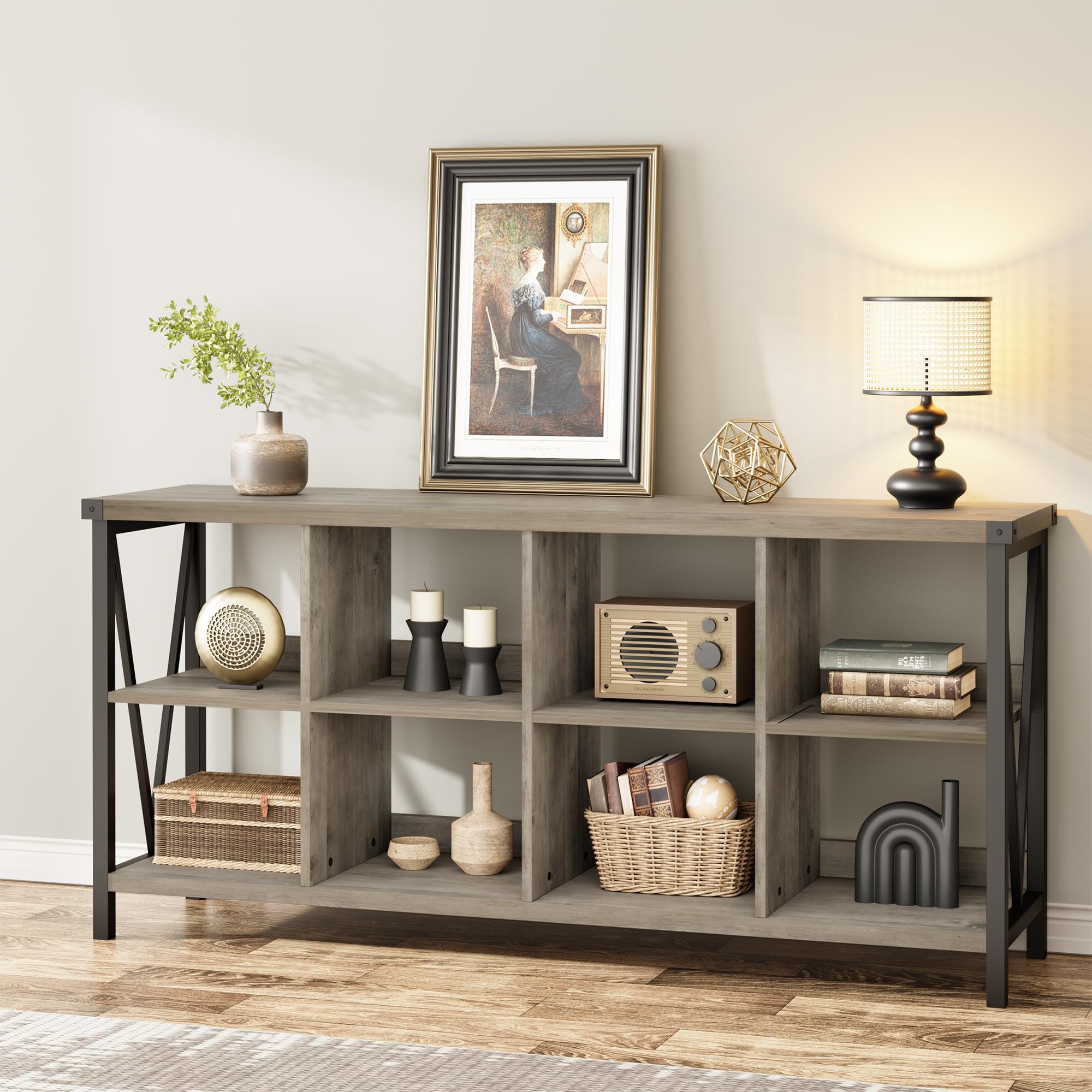 GAOMON 8 Cube Storage Organizer Bookcases, 3 Tier Metal Horizontal Bookcase, 62 Inch Industrial Storage Bookcase for Entryway, Long Low Bookshelf for Living Room-Grey