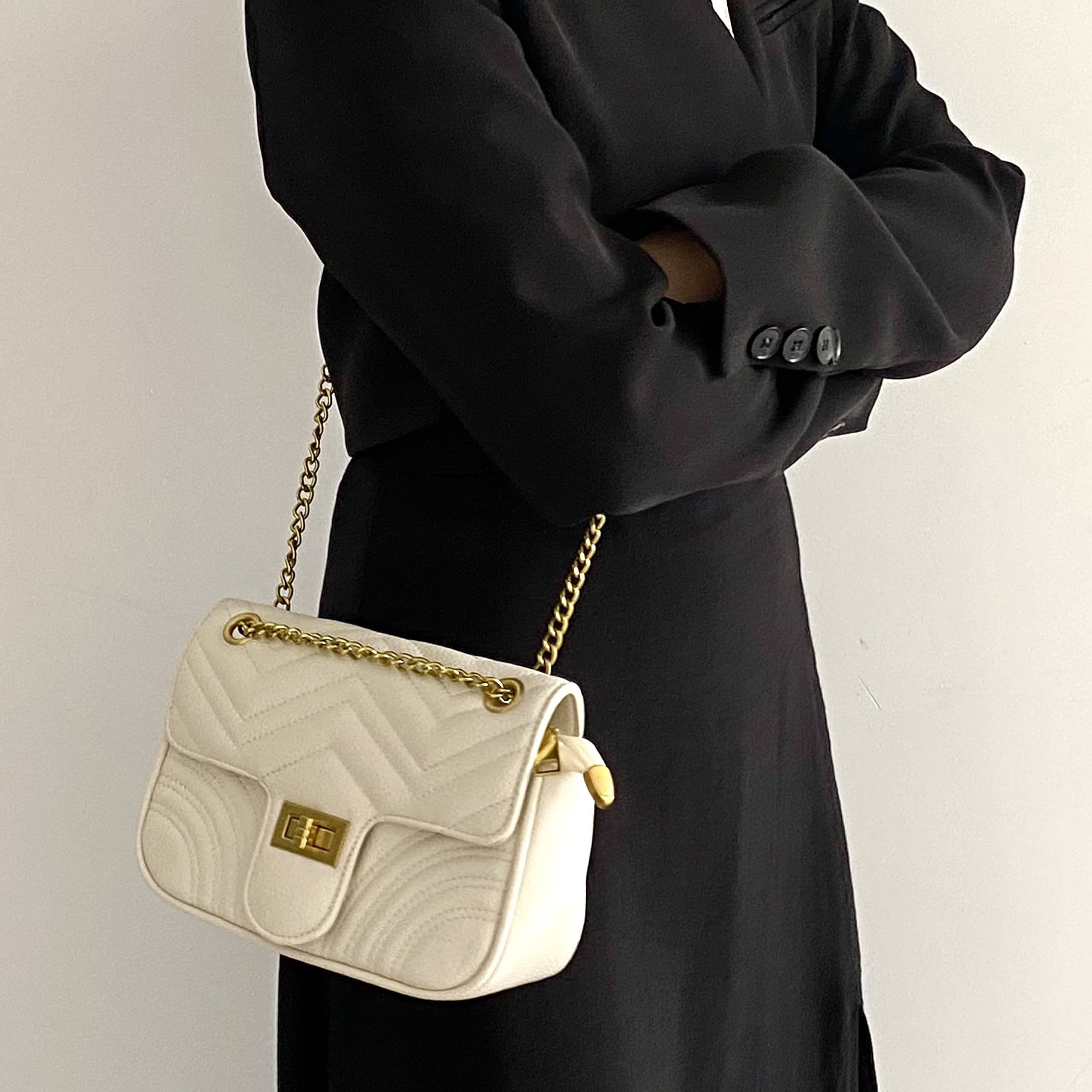 Seagloca 9.4" Women's PU Leather Quilted GG Messenger Shoulder Bag Purse Chain Handbag Crossbody Bag (White