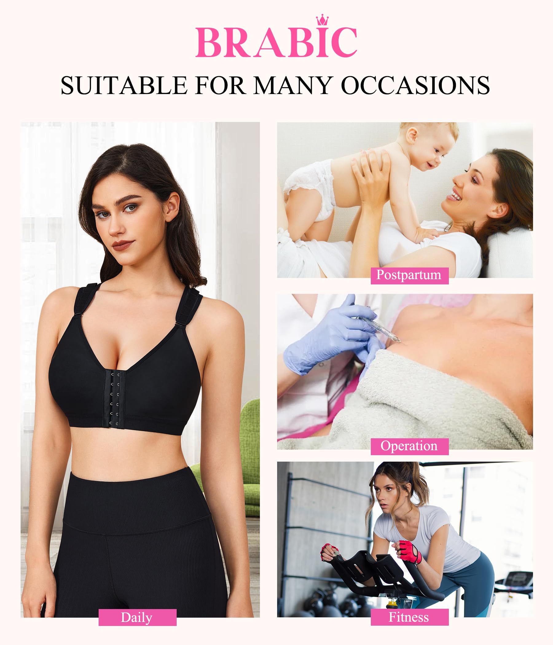 BRABIC Women Post-Surgical Sports Support Bra Front Closure with Adjustable Straps Wirefree Racerback (Black, L (fit for 36B 36C 36D 38A))