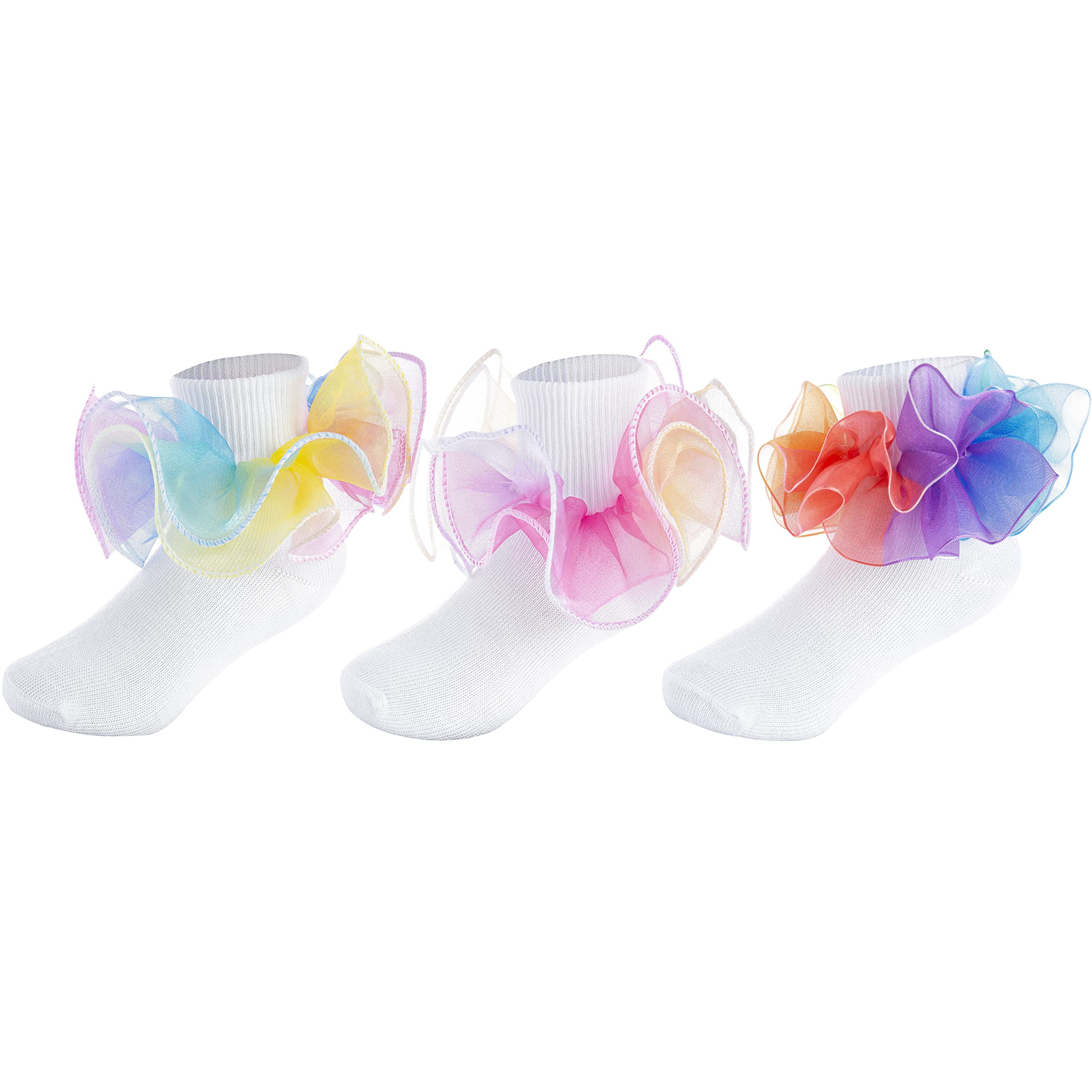 Dicry Toddler Girls Double Lace Socks Turn Cuff Big Ruffle for Little Kids 1-3T (Rainbow, 1-3 Years)