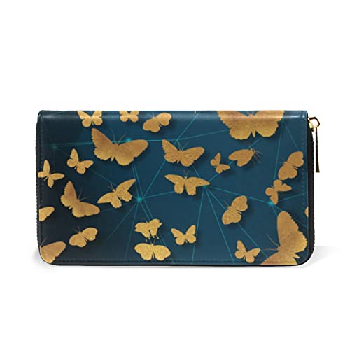 Seamless Golden Gold Butterflies on Abstract Blue Background Leather Long Wallet Organizer with Zipper Purse Clutch Bag for Women Men