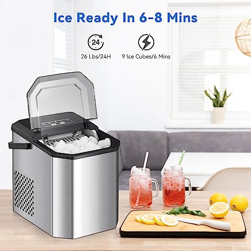GAOMON Countertop Ice Maker, 26 lbs in 24 Hrs, 9 Cubes Ready in 6 Mins with Ice Scoop and Basket, Portable Ice Cube Maker Self-Cleaning, 2 Sizes of Bullet Ice for Home Kitchen Office Bar Party