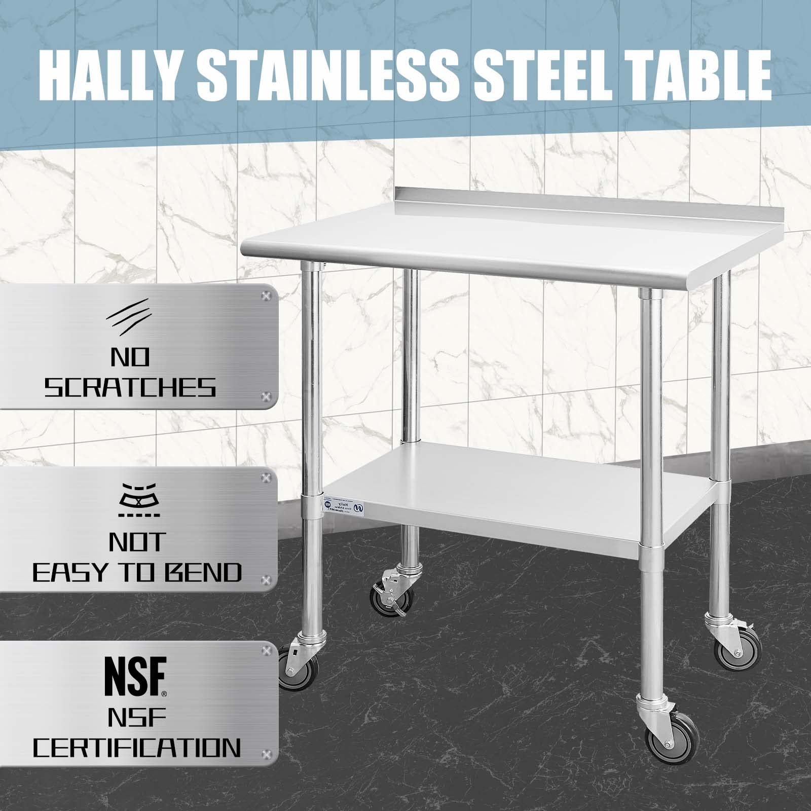 HALLY Stainless Steel Table for Prep & Work 24 x 36 Inches with Caster Wheels, NSF Commercial Heavy Duty Table with Undershelf and Backsplash for Restaurant, Home and Hotel