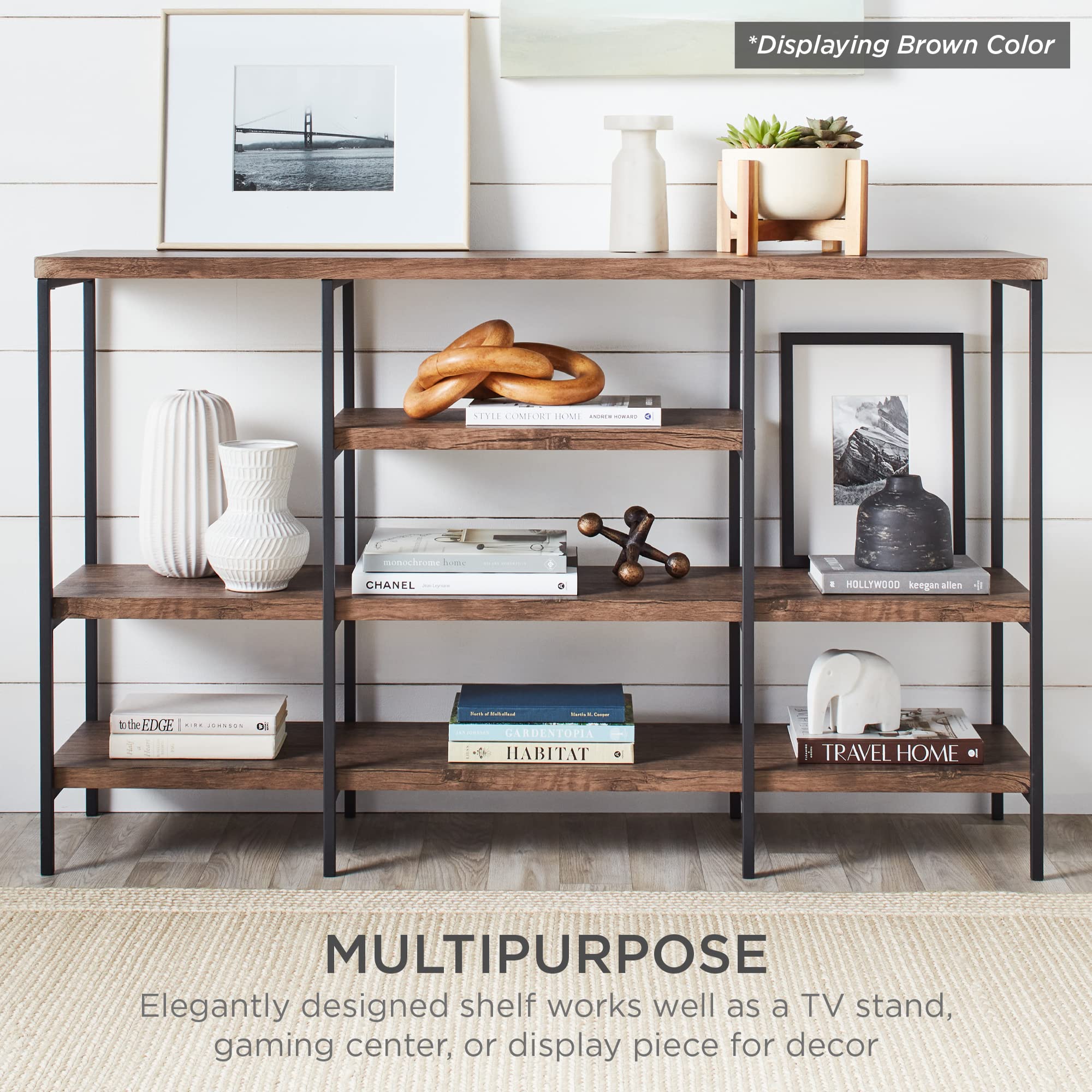 Best Choice Products Large Console Table, 4-Tier 55in Rustic, Industrial Sofa Table Storage for Living Room, Entryway, Foyer, Hallway w/EVA Non-Scratch Feet, Steel Frame - Dark Walnut
