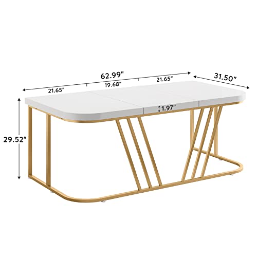 LITTLE TREE 63 inches Executive, Home Office Computer Desk Modern Glod Large Conference Table with Metal Frame, Gold & White