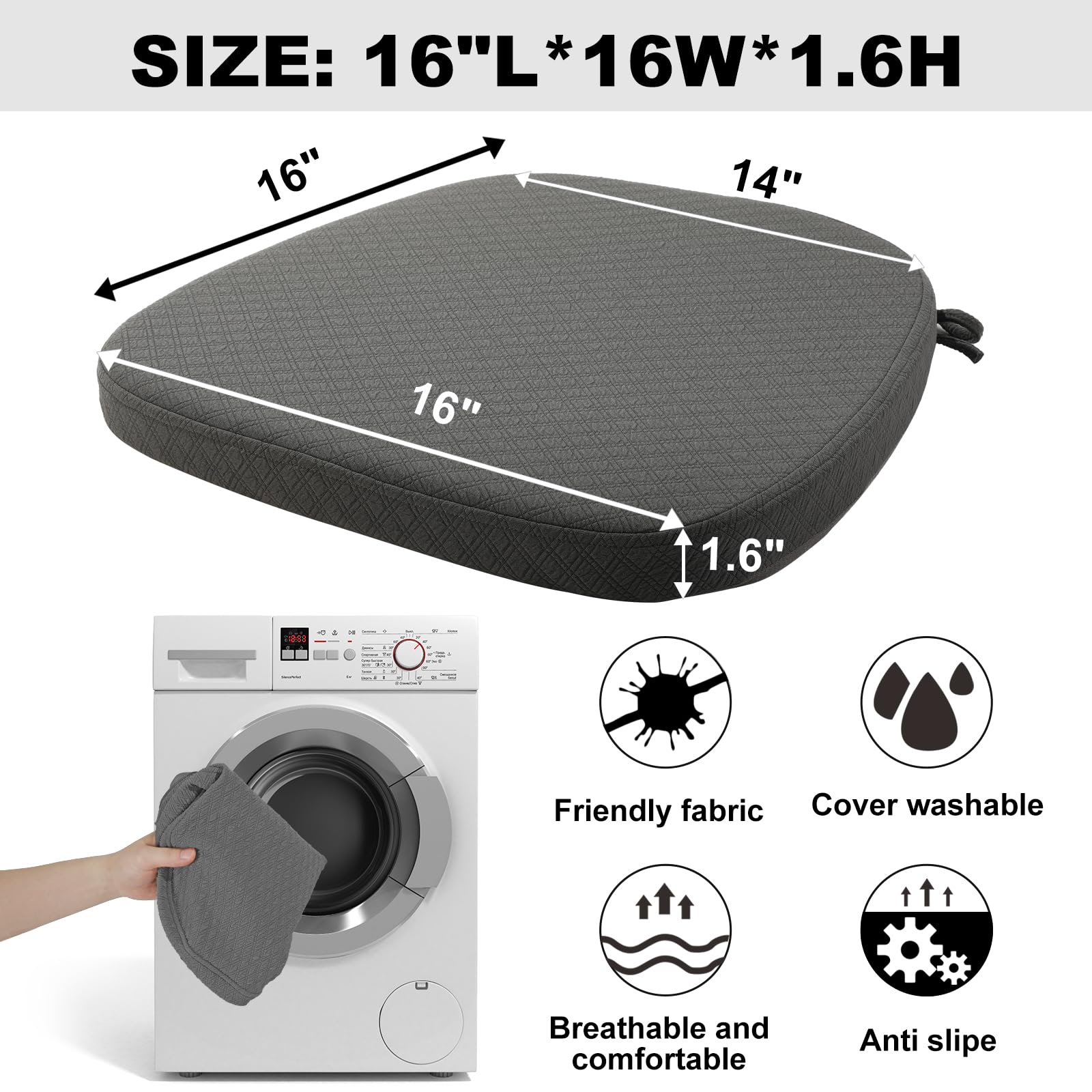 BUYUE Luxury 100% Pure Memory Foam Chair Cushion 1 Pack, Jacquard 16" U-shape Comfortable Dining Chair Pad, Removable Slip Resistant Kitchen Chair Seat Cushion, (1 piece, Grey)