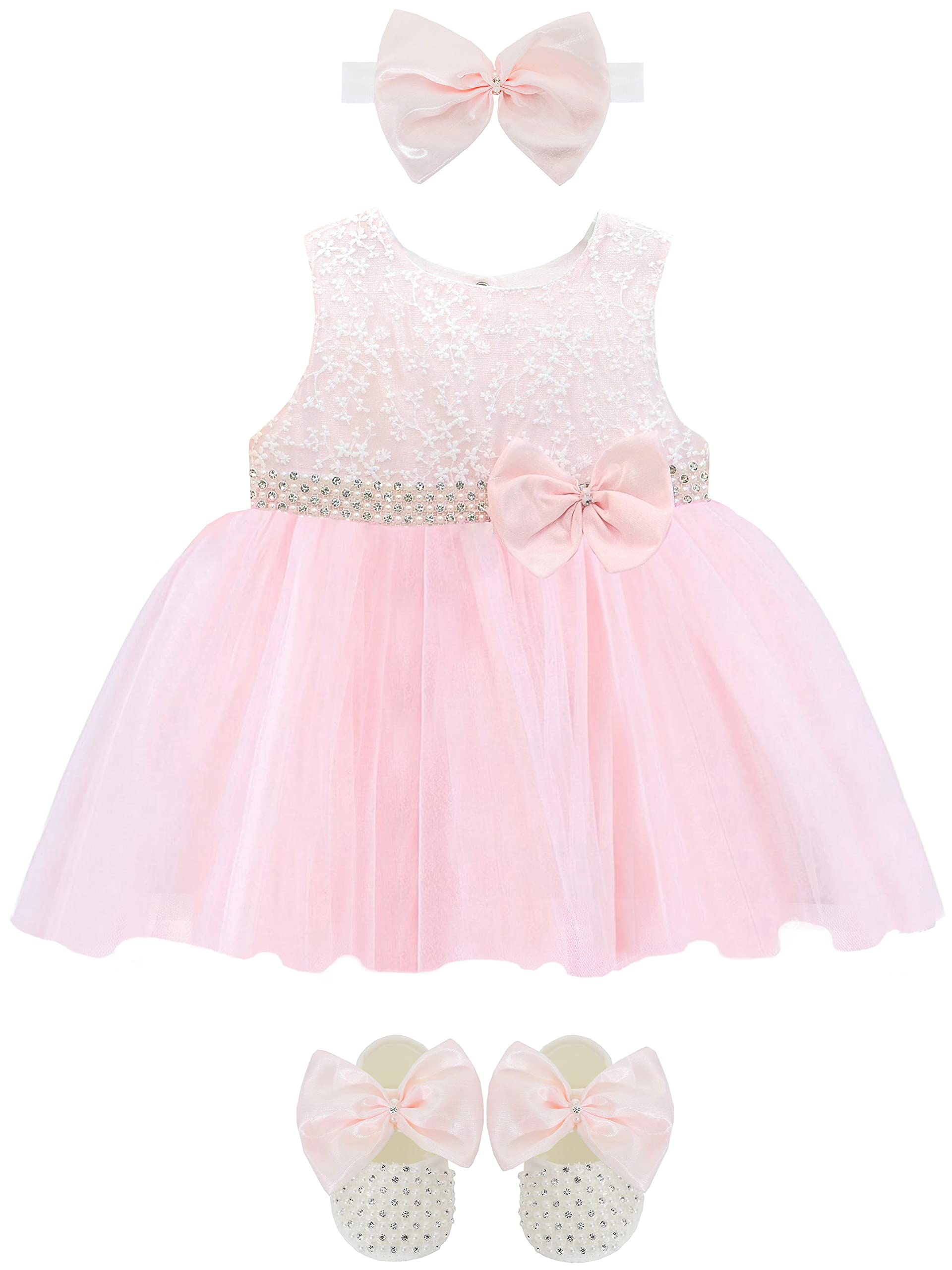 Lilax Baby Girl Lace Tulle Dress Pageant 3 Piece Party Outfit (0-3 Months, Pink)