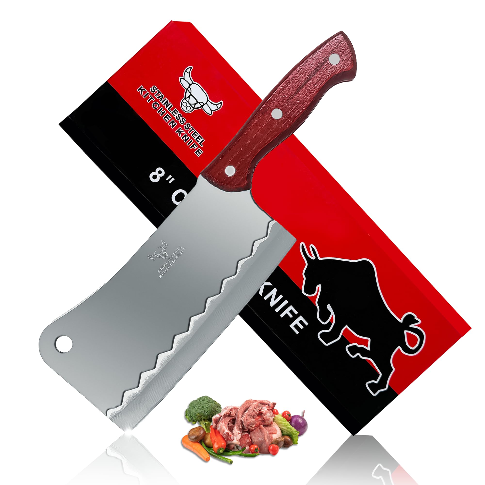 GOOHERA 8 Inch Ultra Sharp Meat Cleaver, Professional Butcher Knife with Stainless Steel and Wooden Handle for Versatile Kitchen and Restaurant Use