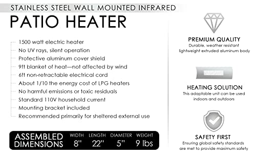 Fire Sense 02110 Wall Mounted Infrared Patio Heater 1500 Watts Weatherproof Lightweight for Indoor Outdoor Use 6 Foot Non Retractable Electrical Cord Mounting Bracket - Stainless Steel