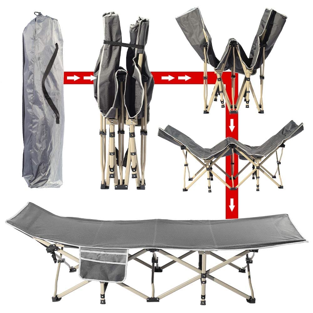Camping Cot Max Load 450 LBS 1 Side Large Pockets Extra Wide Sturdy Portable Foldable Outdoor Bed for Adults Kids for Camping Beach BBQ Hiking Backpacking Office (Grey)