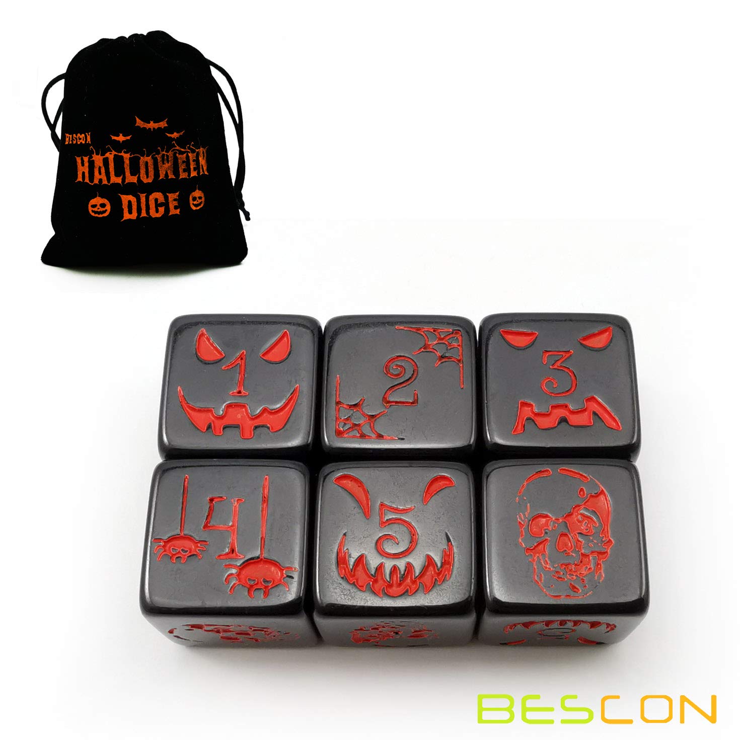 Set of 6 Bescon Halloween Dice 6 Sides in Solid Black, 6 Sided Halloween Dice Set in Velvet Pouch