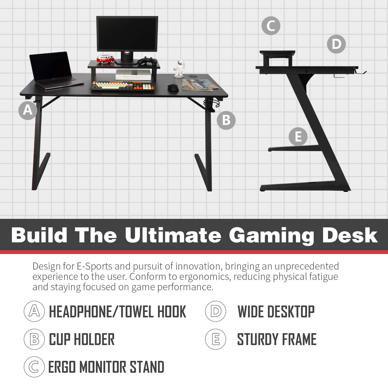 TOPSKY Gaming Computer Desk Home Office Gaming Table with Cup Holder Headphone Hook Z Shaped Leg(55”, All Black)