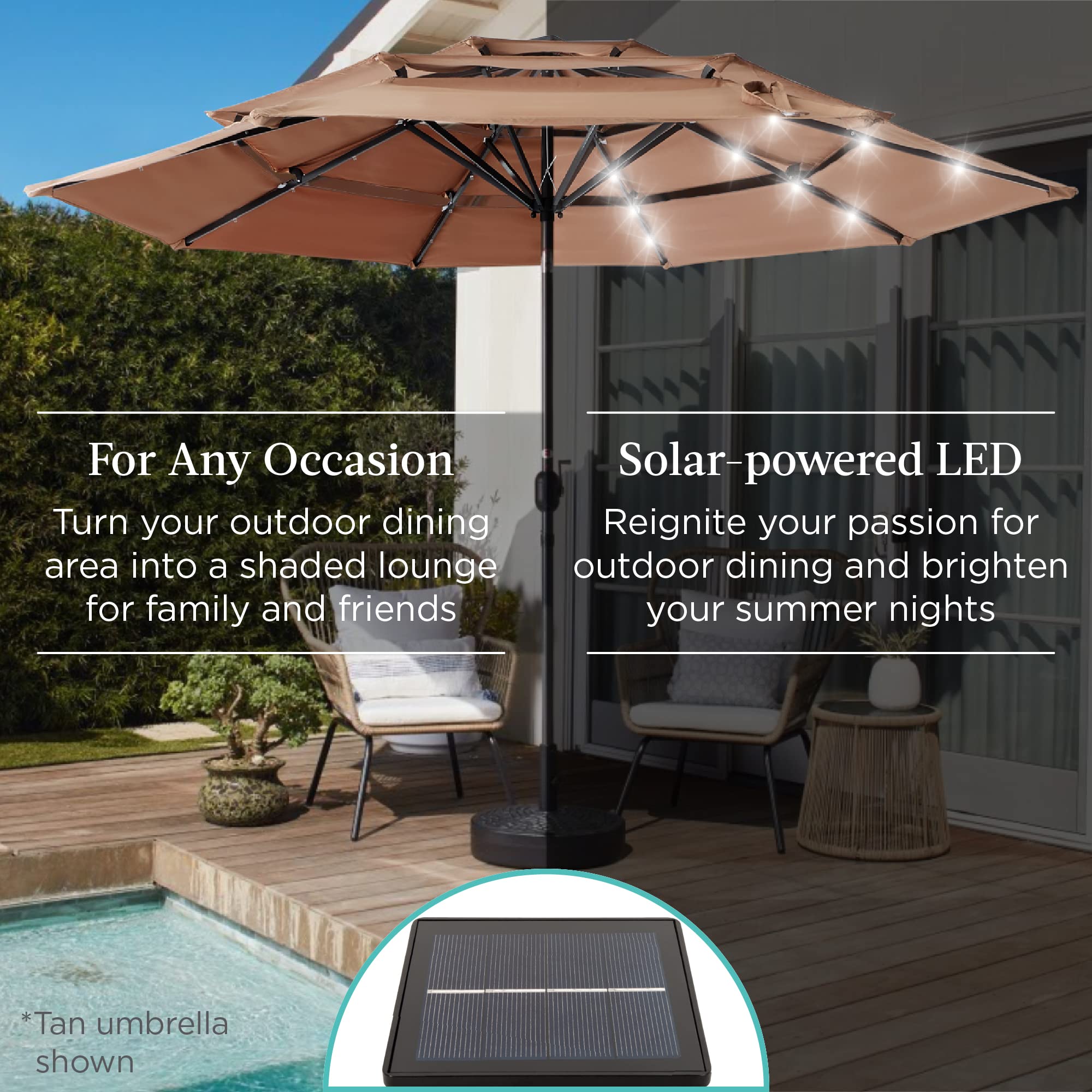 Best Choice Products 10ft 3-Tier Solar Patio Umbrella, Outdoor Market Sun Shade for Backyard, Deck, Poolside w/ 24 LED Lights, Tilt Adjustment, Easy Crank, 8 Ribs - Red
