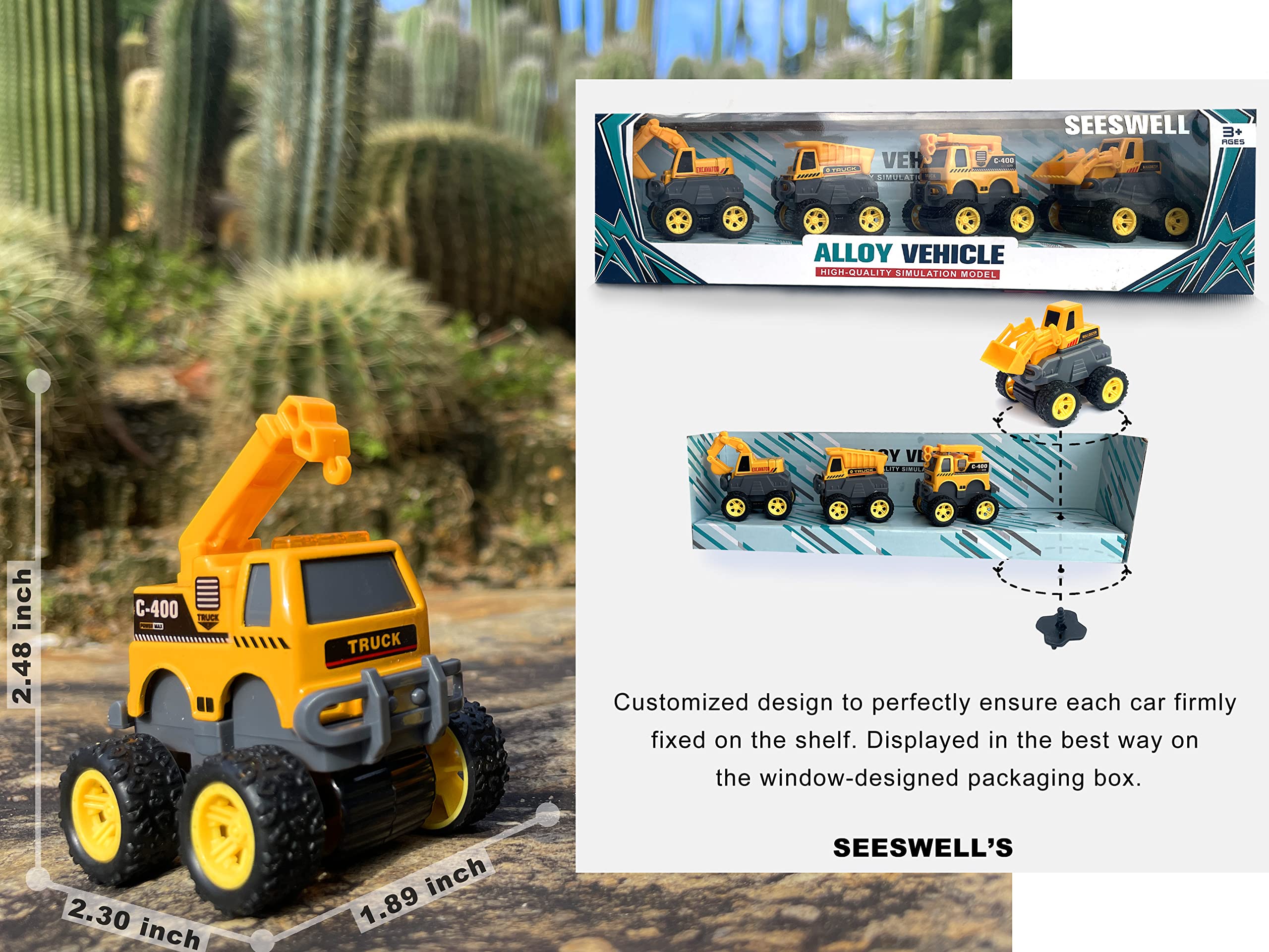 SEESWELL Construction Truck Toys | Monster Truck | Pull Back Friction Powered | Die-cast Alloy Vehicles Playset | 4 Pack | Toys for 3+ Years Old Kids