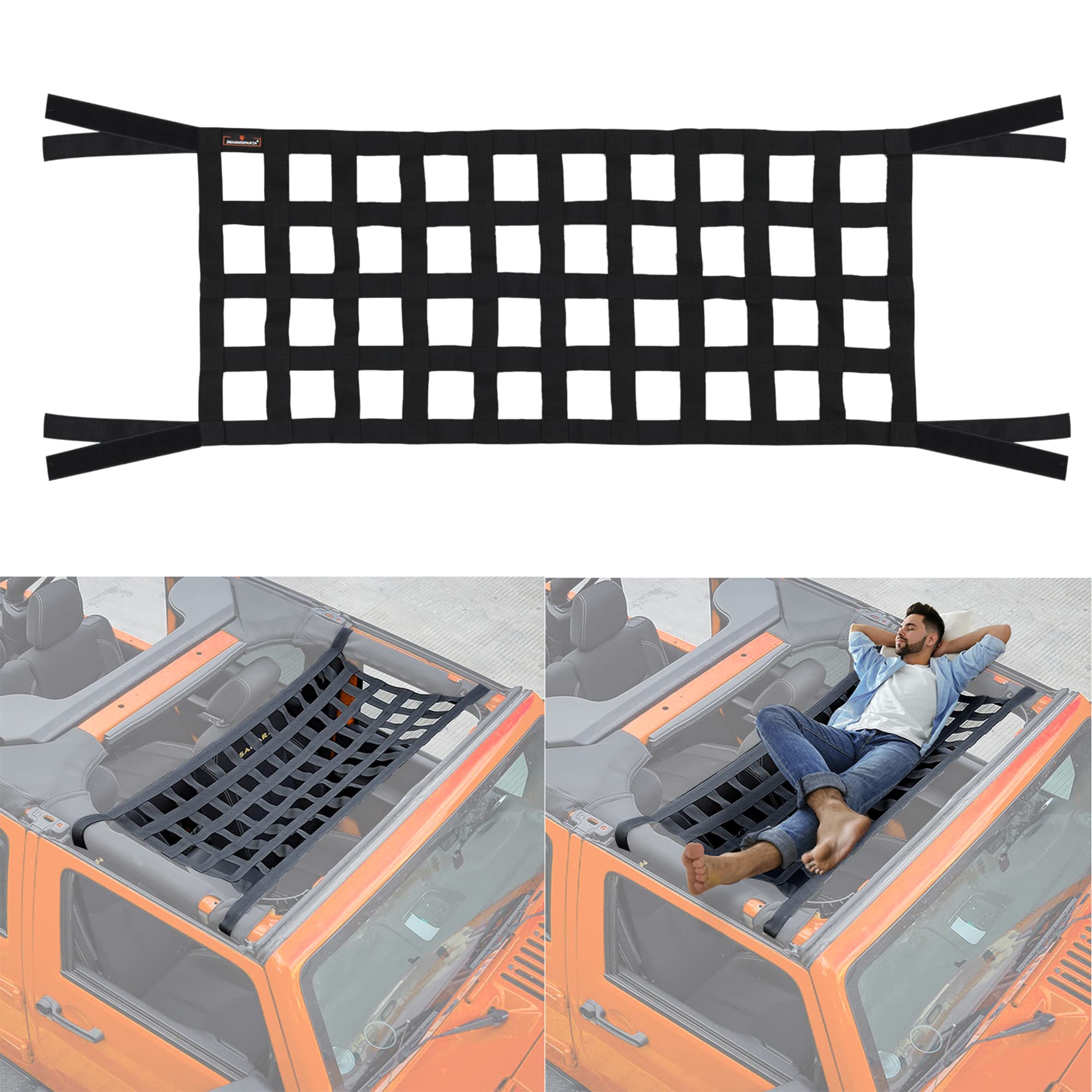 Seven Sparta Car Roof Net Hammock Mesh Cargo Netting Compatible with Jeep Gladiator JT & Jeep Wrangler YJ, TJ, JK, JKU, JL, JLU 1987-2024 4-door and 2-door