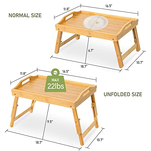 Mayyol Breakfast Bed Tray for Eating - Raised Food Table Up to 9.5" on Lap Sofa - Adjustable Bamboo Serving Tray - Portable Snack Platter with Folding Legs Ideal for Bedroom Picnic