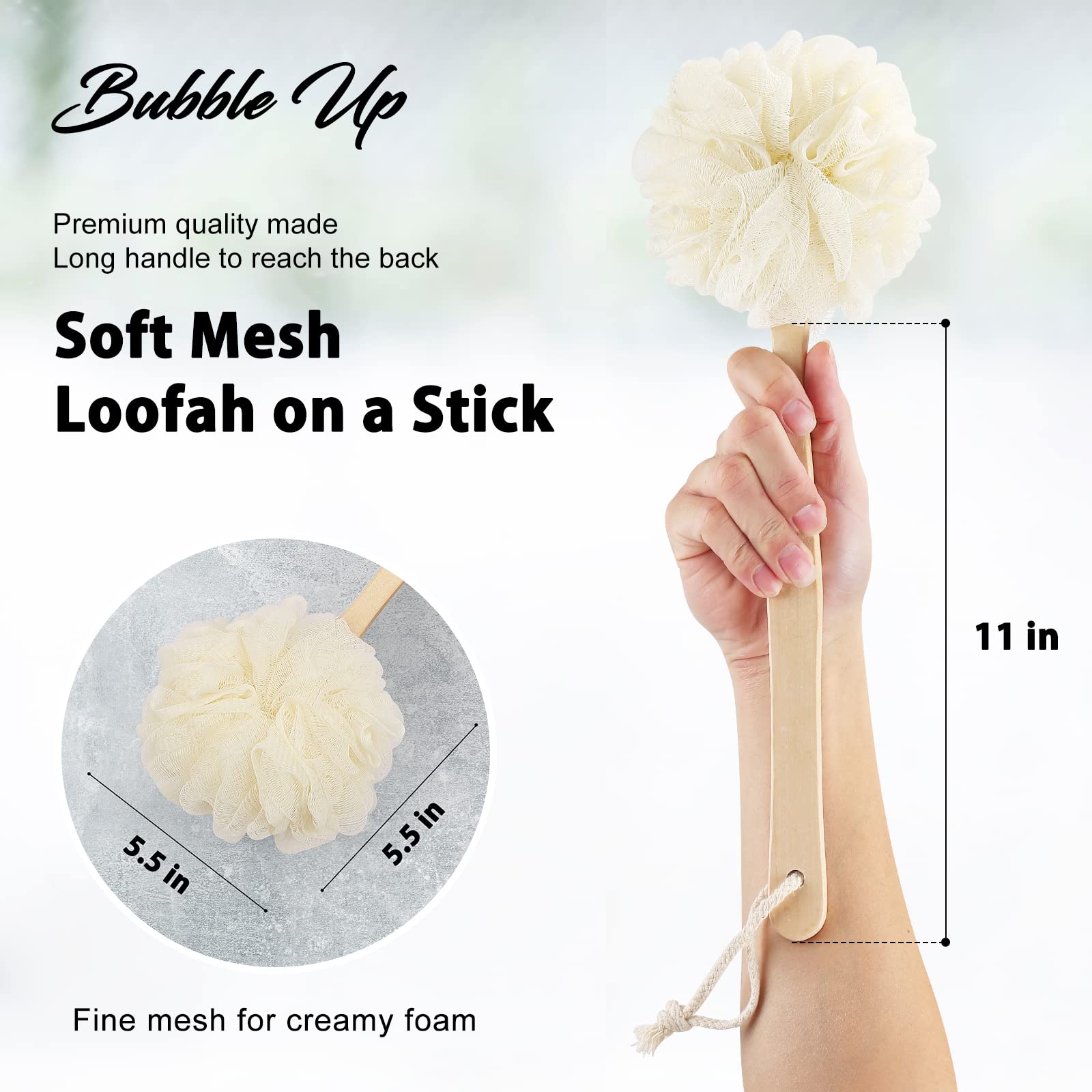 D Loofah on a Stick, Exfoliating Lufa Back Scrubber for Shower, Shower Sponge with Long Handle, Handheld Bath Body Brush for Men and Women, Beige