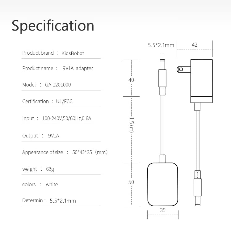 KIDSROBOT for Arduino Uno Mega 2560 Zero Due Leonardo Power Supply Adapter, 100-240V AC to DC 9V 1A, US Plug 5.5mm x 2.1mm, Also Suport Most Breadboard Power Supply Modules