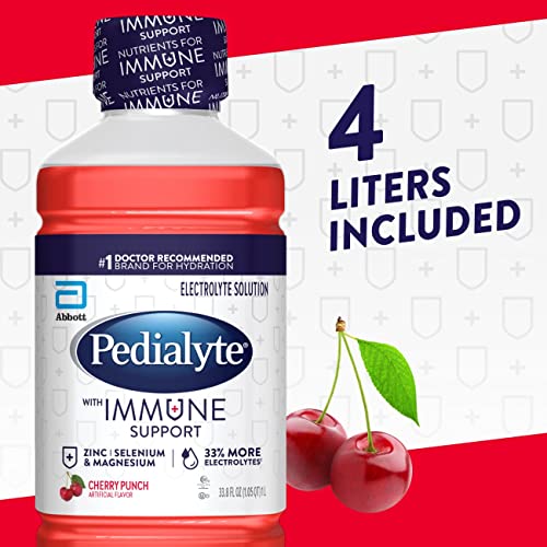 Pedialyte with Immune Support, Cherry Punch, Electrolyte Hydration Drink with Zinc, Selenium, and Magnesium, 1 Liter, Pack of 4