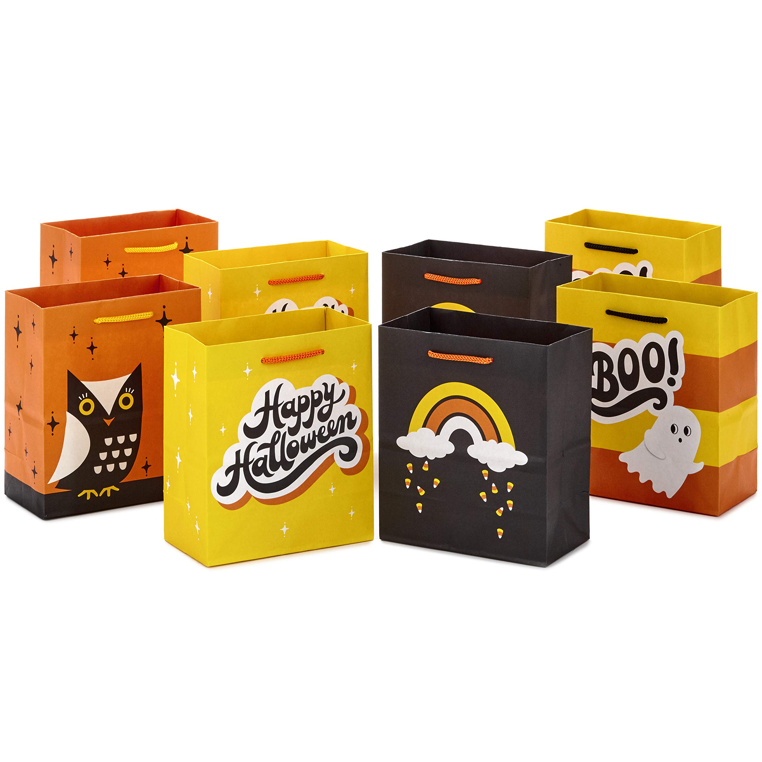 Hallmark Halloween Bag Bundle (8 Small 6" Gift Bags, 4 Designs: Owl, Ghost, Candy Corn Rainbow, "Happy Halloween") for Gift Cards, Classroom Parties, Trick or Treating, Kids Gifts, Fall Party Favors