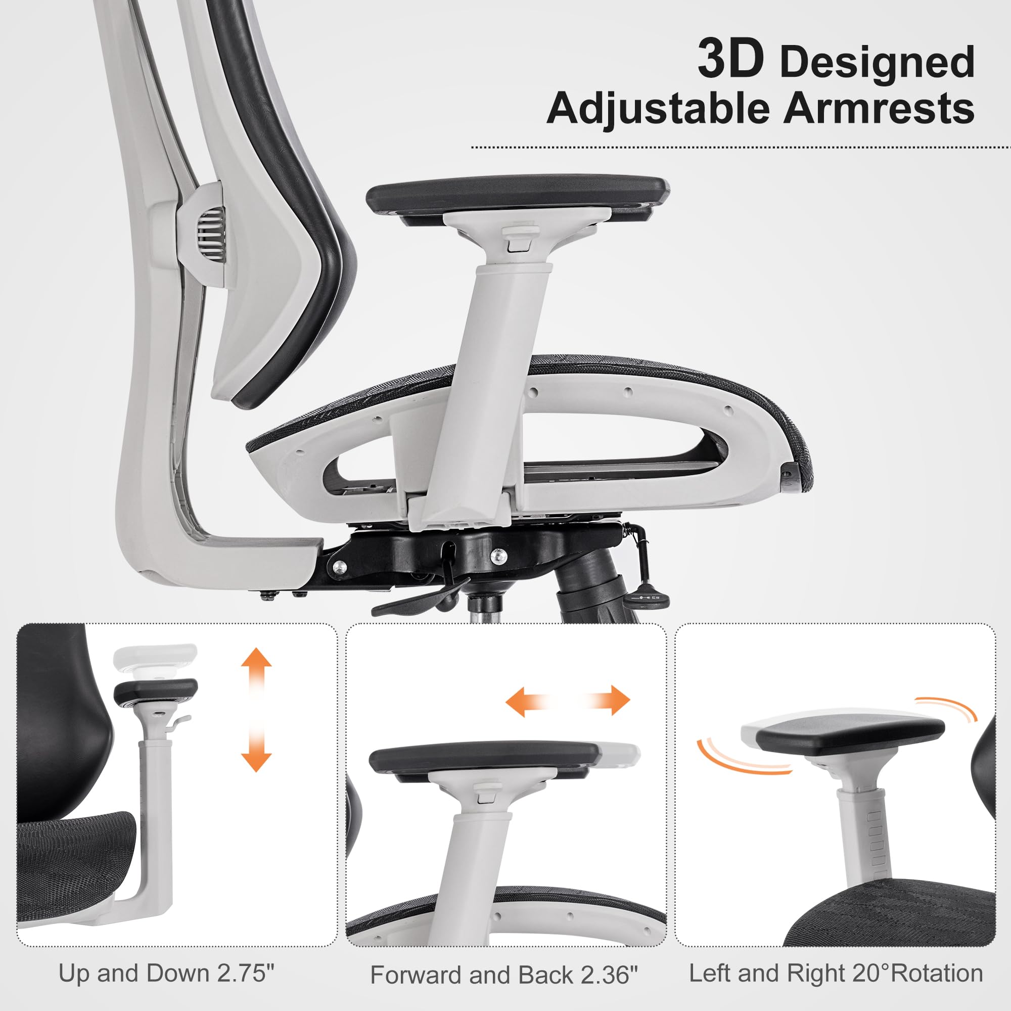 BV Ergonomic Dual Backrests Office Chair, Lumbar Support Office Desk Chair Back Support, Breathable mesh Office Chair 3D Adjustable Armrest(Mesh White)